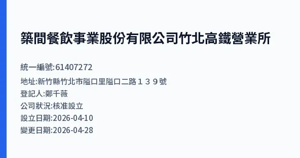築間餐飲事業股份有限公司竹北高鐵營業所的照片-統編 61407272(新竹縣) 公司登記資料與營業項目詳細圖表