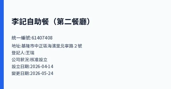 李記自助餐(第二餐廳)的照片-統編 61407408(基隆市) 公司登記資料與營業項目詳細圖表