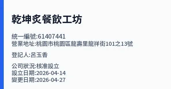 乾坤炙餐飲工坊的照片-統編 61407441(桃園市) 公司登記資料與營業項目詳細圖表