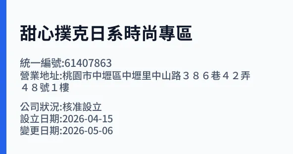 甜心撲克日系時尚專區的照片-統編 61407863(桃園市) 公司登記資料與營業項目詳細圖表