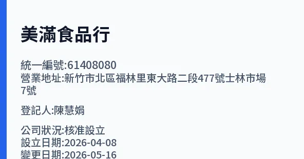 美滿食品行的照片-統編 61408080(新竹市) 公司登記資料與營業項目詳細圖表