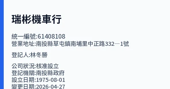 瑞彬機車行的照片-統編 61408108(南投縣) 公司登記資料與營業項目詳細圖表