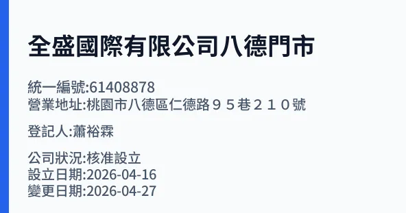 全盛國際有限公司八德門市的照片-統編 61408878(桃園市) 公司登記資料與營業項目詳細圖表