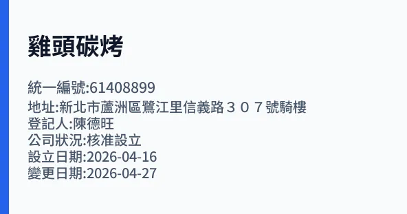 雞頭碳烤的照片-統編 61408899(新北市) 公司登記資料與營業項目詳細圖表