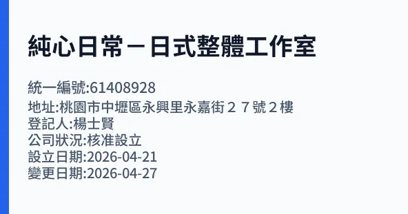 純心日常－日式整體工作室的照片-統編 61408928(桃園市) 公司登記資料與營業項目詳細圖表