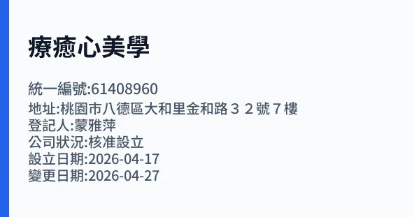 療癒心美學的照片-統編 61408960(桃園市) 公司登記資料與營業項目詳細圖表