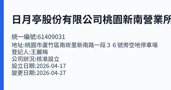 日月亭股份有限公司桃園新南營業所的照片-統編 61409031(桃園市) 公司登記資料與營業項目詳細圖表