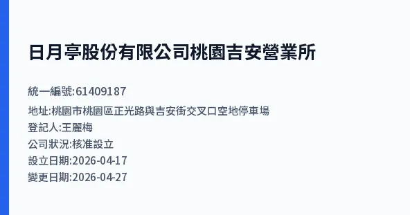 日月亭股份有限公司桃園吉安營業所的照片-統編 61409187(桃園市) 公司登記資料與營業項目詳細圖表