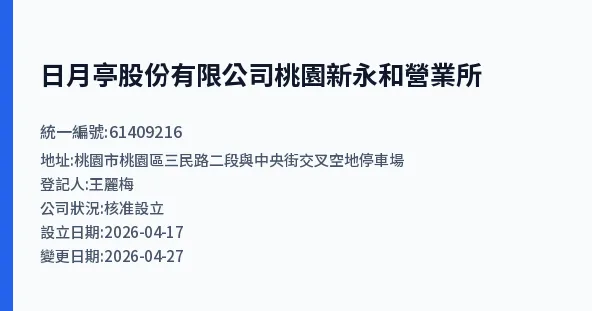 日月亭股份有限公司桃園新永和營業所的照片-統編 61409216(桃園市) 公司登記資料與營業項目詳細圖表
