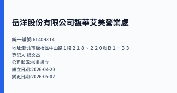 岳洋股份有限公司馥華艾美營業處的照片-統編 61409314(新北市) 公司登記資料與營業項目詳細圖表