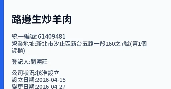 路邊生炒羊肉的照片-統編 61409481(新北市) 公司登記資料與營業項目詳細圖表