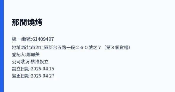 那間燒烤的照片-統編 61409497(新北市) 公司登記資料與營業項目詳細圖表