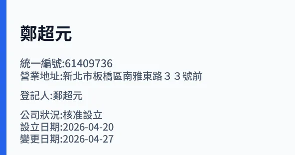 鄭超元的照片-統編 61409736(新北市) 公司登記資料與營業項目詳細圖表