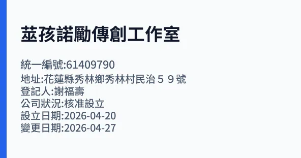 莁孩諾勵傳創工作室的照片-統編 61409790(花蓮縣) 公司登記資料與營業項目詳細圖表