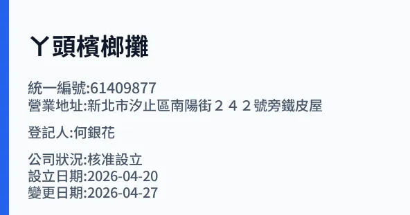 ㄚ頭檳榔攤的照片-統編 61409877(新北市) 公司登記資料與營業項目詳細圖表