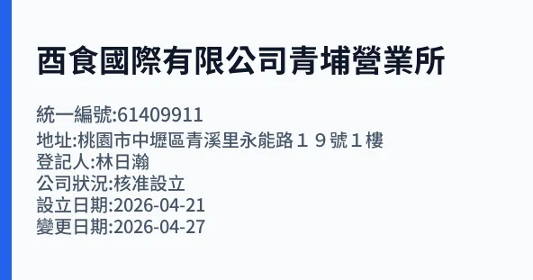酉食國際有限公司青埔營業所的照片-統編 61409911(桃園市) 公司登記資料與營業項目詳細圖表