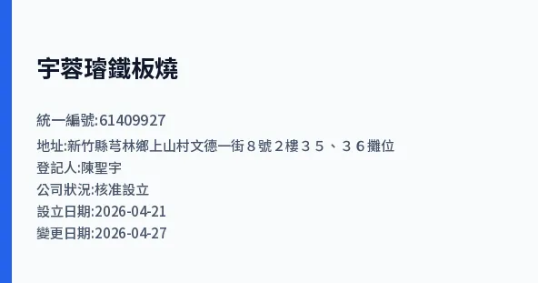 宇蓉璿鐵板燒的照片-統編 61409927(新竹縣) 公司登記資料與營業項目詳細圖表