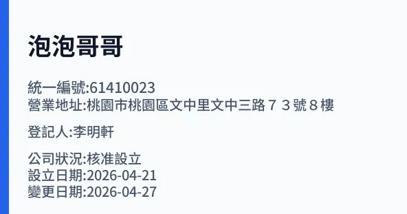 泡泡哥哥的照片-統編 61410023(桃園市) 公司登記資料與營業項目詳細圖表