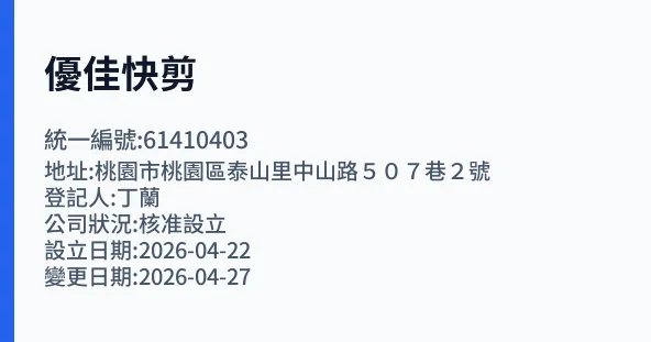 優佳快剪的照片-統編 61410403(桃園市) 公司登記資料與營業項目詳細圖表