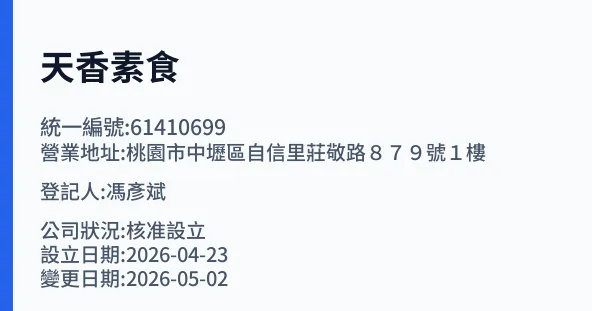 天香素食的照片-統編 61410699(桃園市) 公司登記資料與營業項目詳細圖表