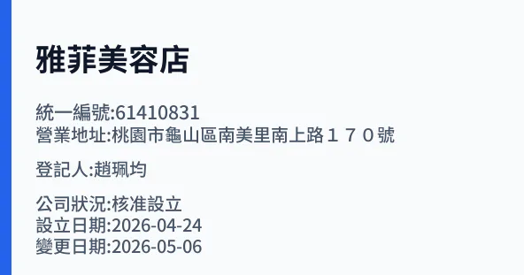 雅菲美容店的照片-統編 61410831(桃園市) 公司登記資料與營業項目詳細圖表