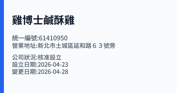 雞博士鹹酥雞的照片-統編 61410950(新北市) 公司登記資料與營業項目詳細圖表