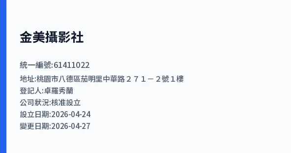 金美攝影社的照片-統編 61411022(桃園市) 公司登記資料與營業項目詳細圖表