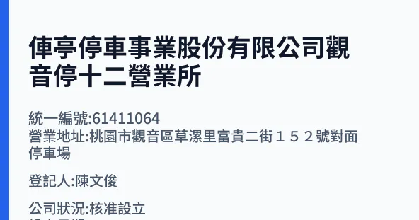 俥亭停車事業股份有限公司觀音停十二營業所的照片-統編 61411064(桃園市) 公司登記資料與營業項目詳細圖表