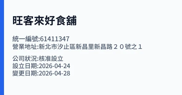 旺客來好食舖的照片-統編 61411347(新北市) 公司登記資料與營業項目詳細圖表
