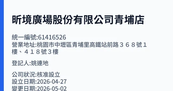 昕境廣場股份有限公司青埔店的照片-統編 61416526(桃園市) 公司登記資料與營業項目詳細圖表