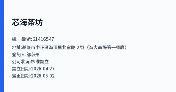 芯海茶坊的照片-統編 61416547(基隆市) 公司登記資料與營業項目詳細圖表