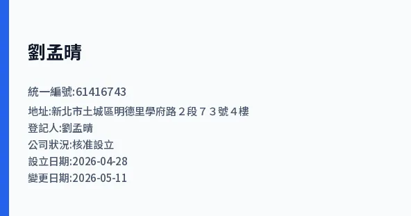 劉孟晴的照片-統編 61416743(新北市) 公司登記資料與營業項目詳細圖表