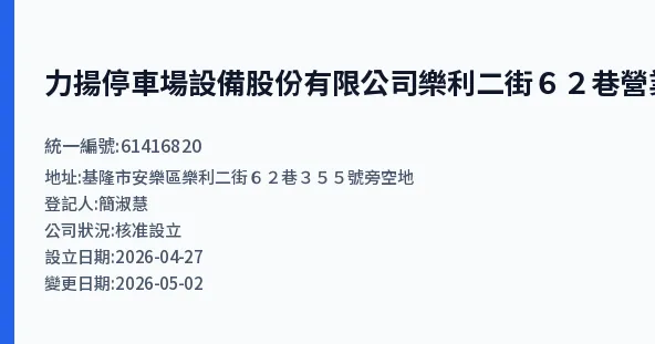 力揚停車場設備股份有限公司樂利二街62巷營業所的照片-統編 61416820(基隆市) 公司登記資料與營業項目詳細圖表