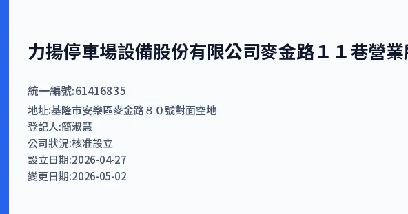 力揚停車場設備股份有限公司麥金路11巷營業所的照片-統編 61416835(基隆市) 公司登記資料與營業項目詳細圖表