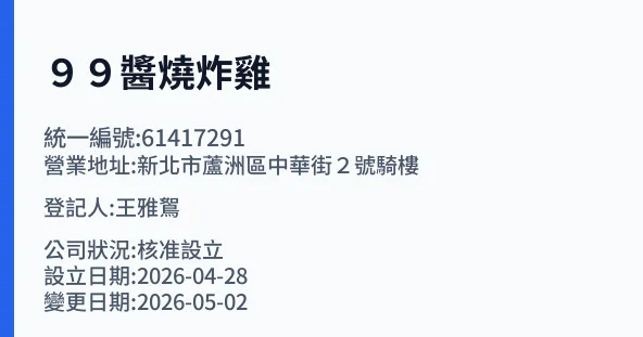 ９９醬燒炸雞的照片-統編 61417291(新北市) 公司登記資料與營業項目詳細圖表