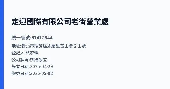 定迎國際有限公司老街營業處的照片-統編 61417644(新北市) 公司登記資料與營業項目詳細圖表