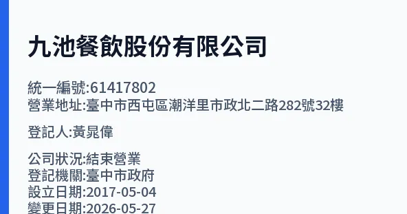 九池餐飲股份有限公司的照片-統編 61417802(臺中市) 公司登記資料與營業項目詳細圖表