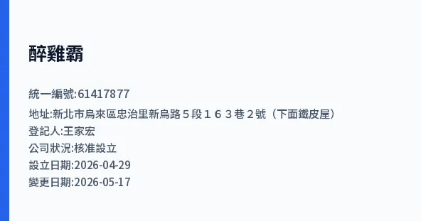 醉雞霸的照片-統編 61417877(新北市) 公司登記資料與營業項目詳細圖表