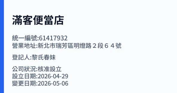 滿客便當店的照片-統編 61417932(新北市) 公司登記資料與營業項目詳細圖表
