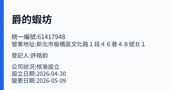 爵的蝦坊的照片-統編 61417948(新北市) 公司登記資料與營業項目詳細圖表