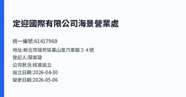 定迎國際有限公司海景營業處的照片-統編 61417969(新北市) 公司登記資料與營業項目詳細圖表