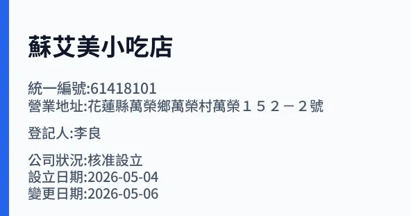 蘇艾美小吃店的照片-統編 61418101(花蓮縣) 公司登記資料與營業項目詳細圖表
