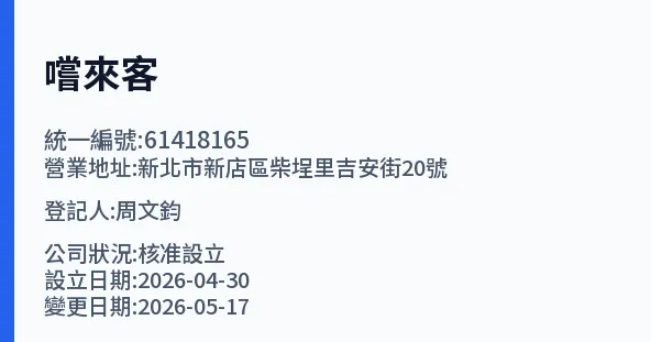 嚐來客的照片-統編 61418165(新北市) 公司登記資料與營業項目詳細圖表