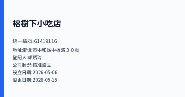 榕樹下小吃店的照片-統編 61419116(新北市) 公司登記資料與營業項目詳細圖表