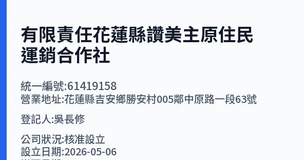 有限責任花蓮縣讚美主原住民運銷合作社的照片-統編 61419158(花蓮縣) 公司登記資料與營業項目詳細圖表