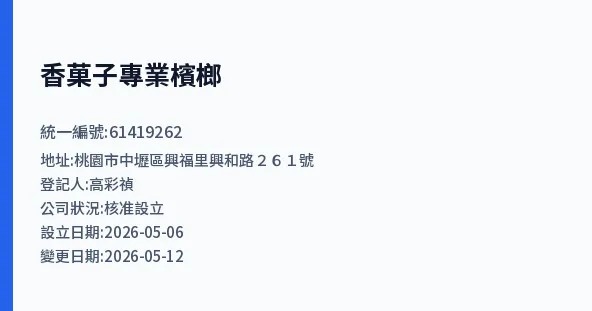 香菓子專業檳榔的照片-統編 61419262(桃園市) 公司登記資料與營業項目詳細圖表