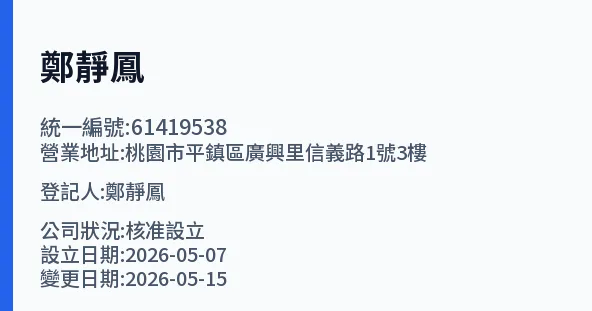 鄭靜鳳的照片-統編 61419538(桃園市) 公司登記資料與營業項目詳細圖表