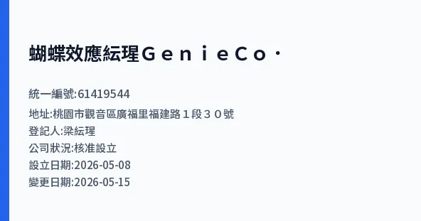 蝴蝶效應紜瑆Genie Co.的照片-統編 61419544(桃園市) 公司登記資料與營業項目詳細圖表