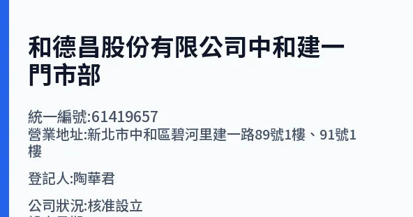 和德昌股份有限公司中和建一門市部的照片-統編 61419657(新北市) 公司登記資料與營業項目詳細圖表