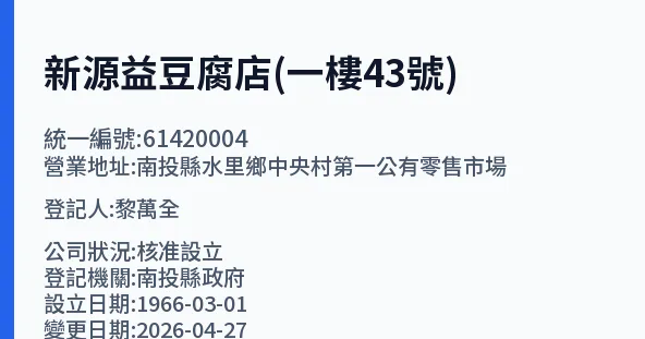 新源益豆腐店(一樓43號)的照片-統編 61420004(南投縣) 公司登記資料與營業項目詳細圖表